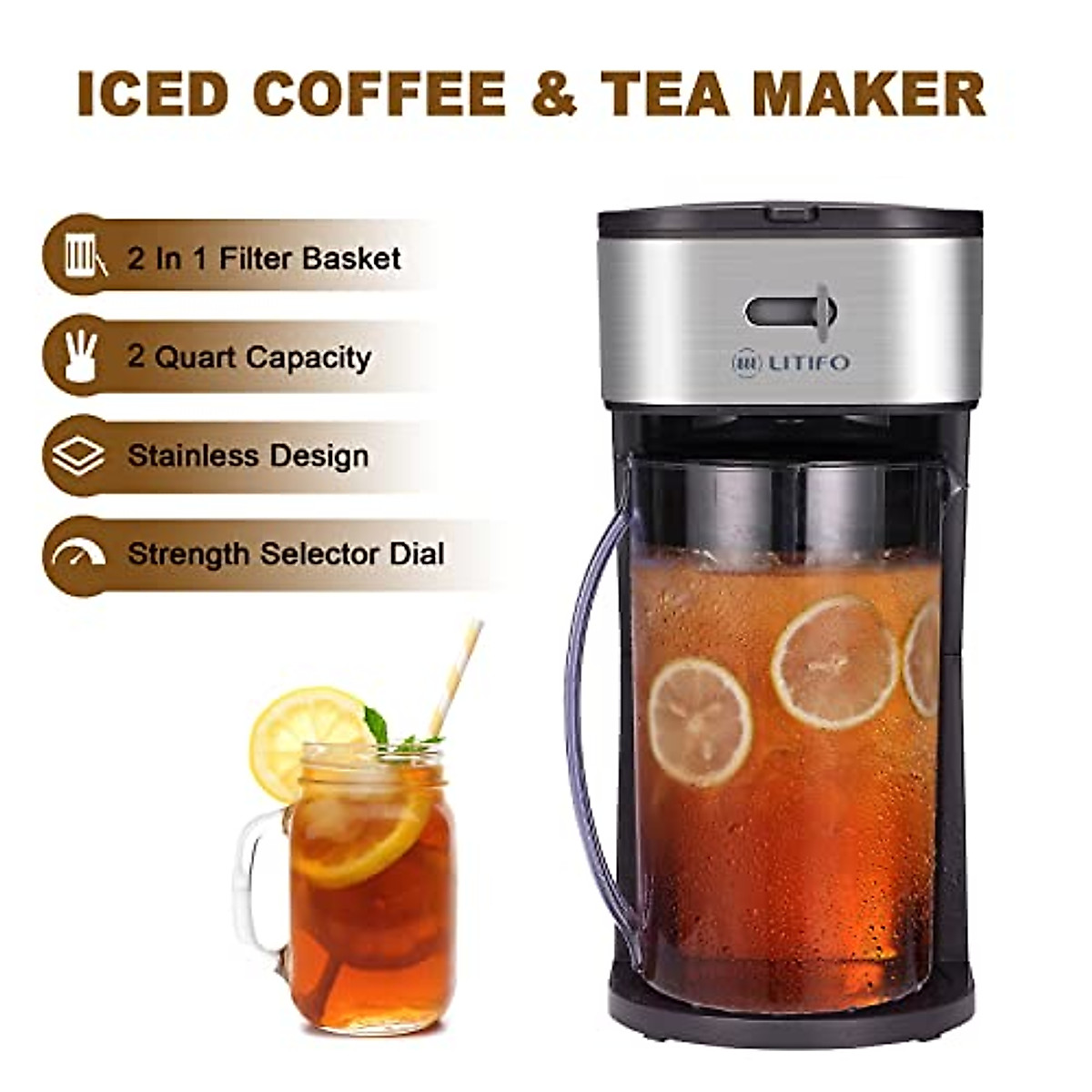 LITIFO Iced Tea Maker and Iced Coffee Maker Brewing System with 2-quart Pitcher, sliding strength selector for Taste Customization, Stainless Steel Decoration (Black)