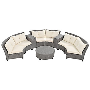 GLIFRON Patio Furniture Sets for 6 Person, Fan-Shaped Half-Moon Curved Outdoor Rattan Sofa with Cushions and Round Table for Porch Lawn Garden Backyard Poolside, Gray+Beige, 1