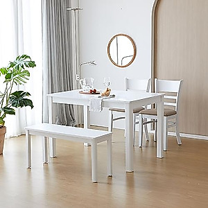 Livinia 4 Piece Cabin Wooden Dining Room Table Set with 2 Ladder Back Chairs and Bench (White)
