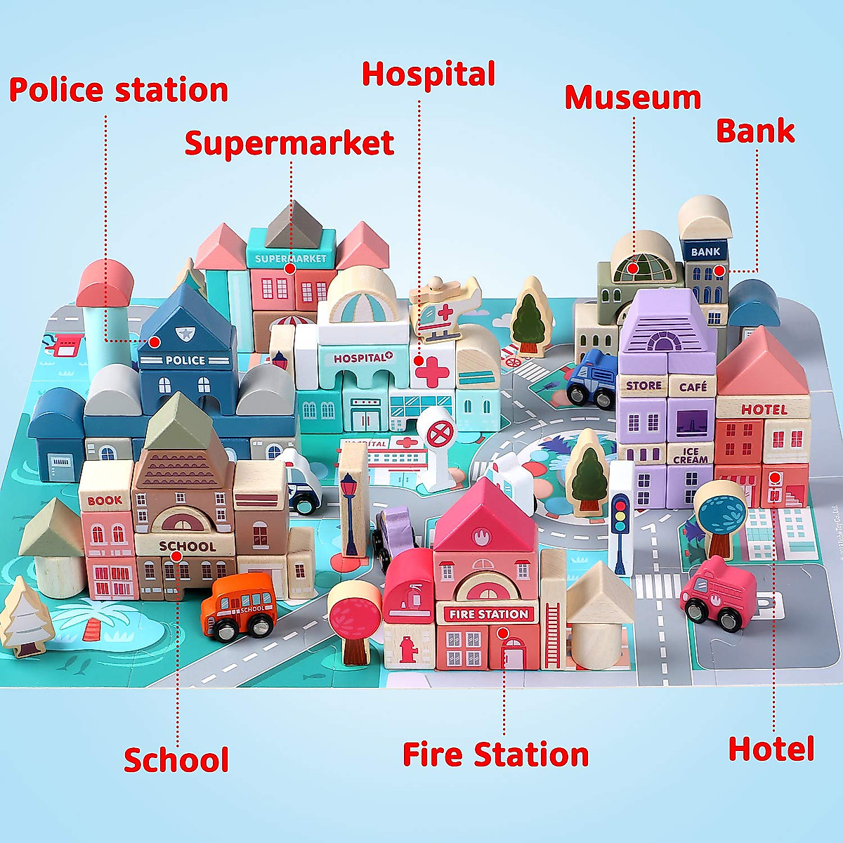 Lewo 115 PCS Wooden Building Blocks with City Map Construction Building Sets City Building Blocks Stacking Blocks Preschool Educational Learning Toys for 3 4 5 6 Years Old Kids Boys Girls Children