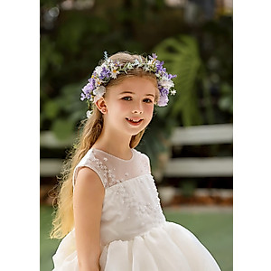 DreamLily Boho Wedding Floral Crown Woodland Fairy Crown Flower Girl rose Crown Hair Wreath with Tail DFS28 (Lavender)