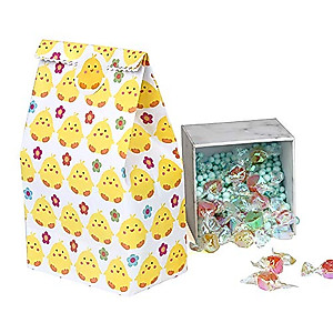 VEYLIN 24Pcs Easter Goodie Paper Bags, Flat Bottom Candy Bags with 32Pieces Circle Sticker for Easter Party Supplies