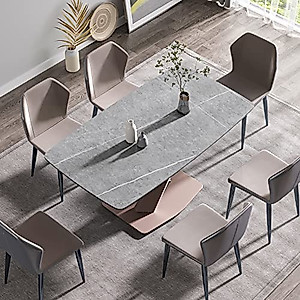 Modern Kitchen Dining Table for 6, Artificial Sintered Stone Table Top Rectangle Kitchen Table with Curved Edge and X-Shape Base, Dinner Table for Resterant Dining Room Office, Grey(Without Chairs)