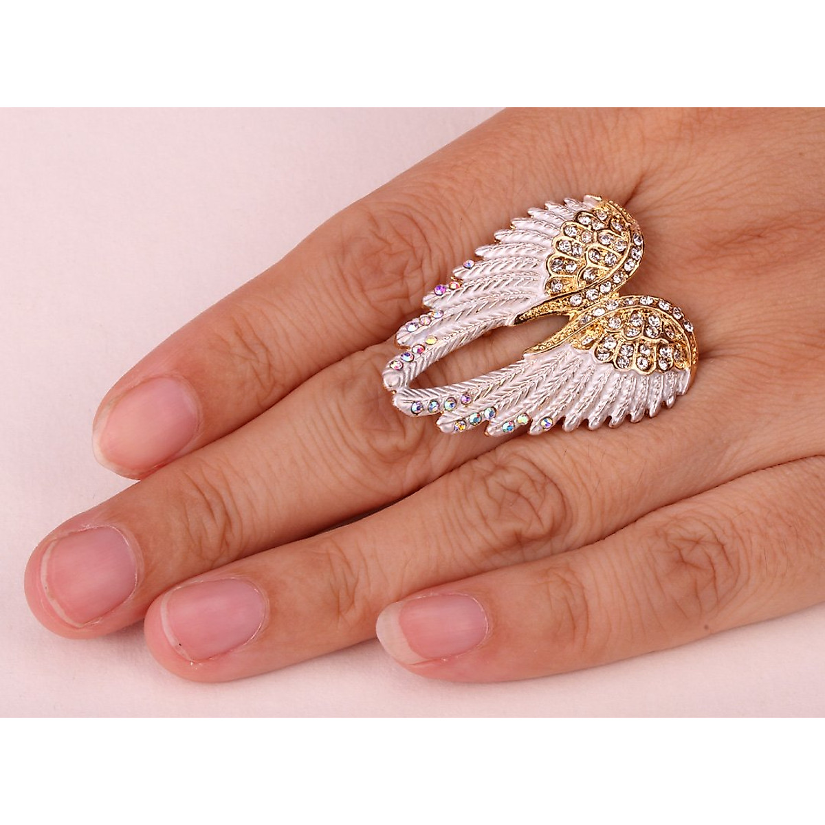 YACQ Women's Angel Wings Stretch Rings Fit Finger Size 7 to 9 - Elastic Soft Band Perfect for Arthritis - Lead & Nickle Free - Silk Scarf Holders - (1-1/2 H x 1-1/5 W) Inches (Gold)