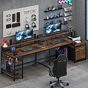 YOMILUVE 2 Person Desk with File Drawer and Storage Shelves, 103" Double Computer Desk with Power Outlet & 2 Fabric Drawers for Home Office, Reversible Computer Desk with Monitor Stand, Rustic Brown