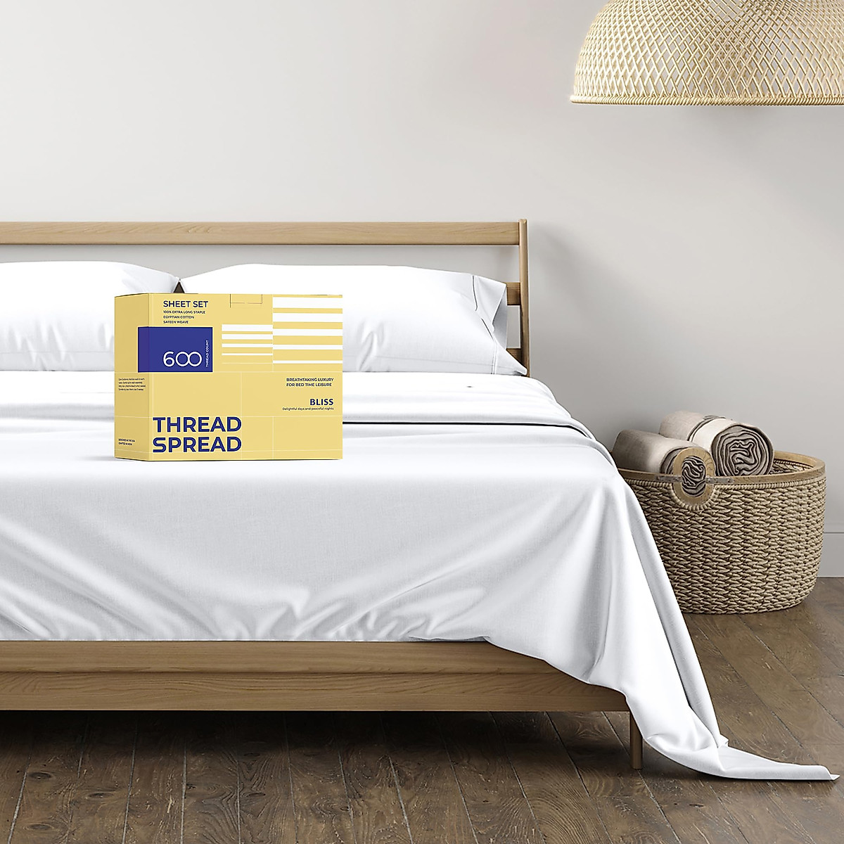 THREAD SPREAD 100% Egyptian Cotton Sheets Full Size - 600 Thread Count White Sheet, 4 PC 16" Deep Pocket Full Size Sheets Sets, High Thread Count Soft Cooling Sateen Weave Cotton Hotel Luxury Sheets