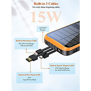 Solar-Charger-Power-Bank - Portable Charger,43800mAh Qc3.0 Fast Charging Qi 10W Wireless Portable Charger Built-in 2 Kinds Output Cable and 680Lumen Bright flashlights (Orange)