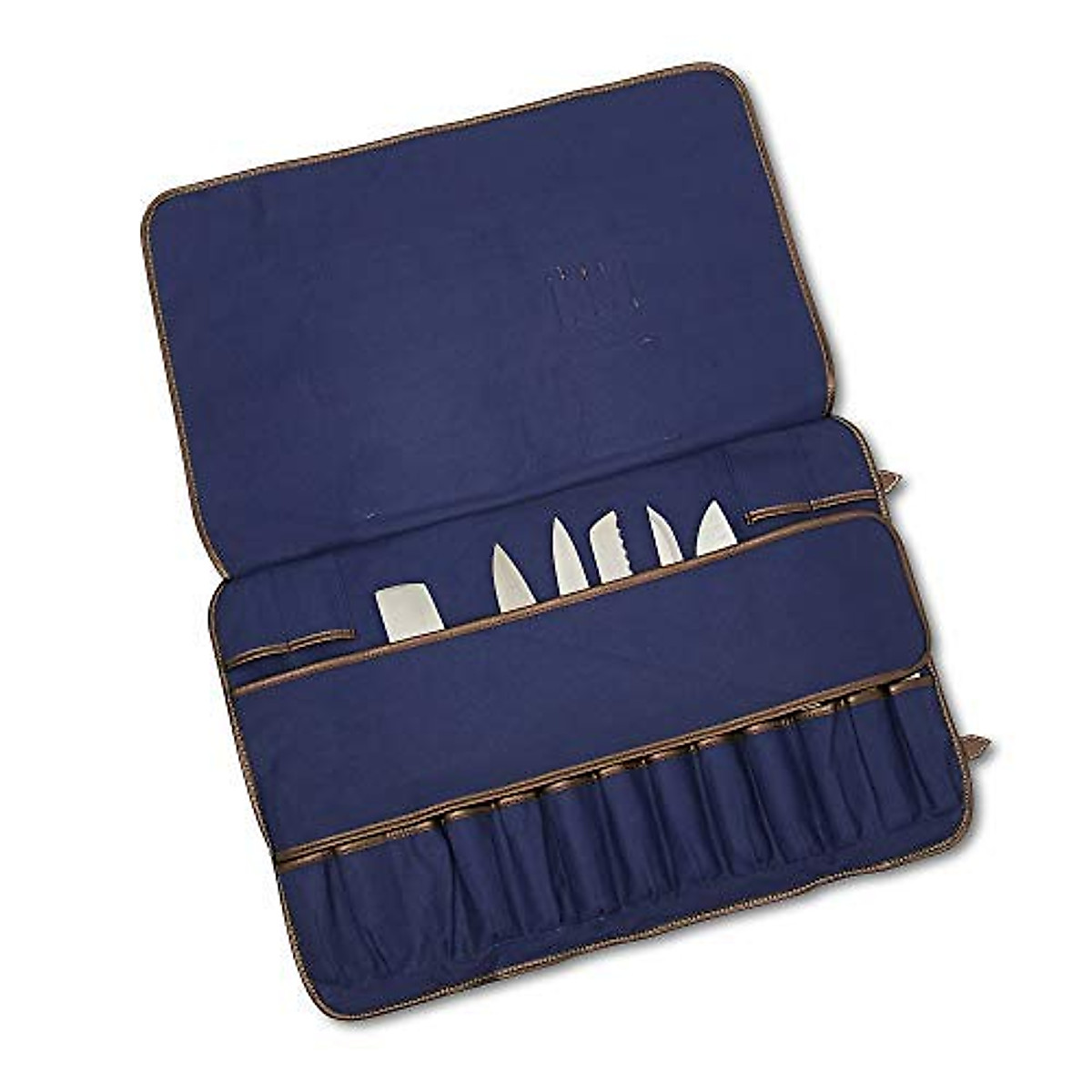 One Selva Chef Knife Bag, Case, Organizer - 17 Slots - Canvas + Blue & Brown Faux Leather - Handles + Carrying Strap - Extra Personal Pocket- Chef Utensil Holder - Travel Roll Bag - Kitchen Organizer