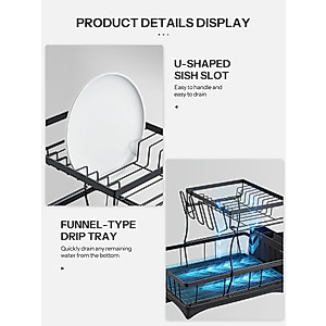 Reemix Dish Drying Rack, 2 Tier Dish Drainer with Removable Utensil Holder and Swivel, Durable High Carbon Steel Material, Larger Capacity, Easy Installation, Black