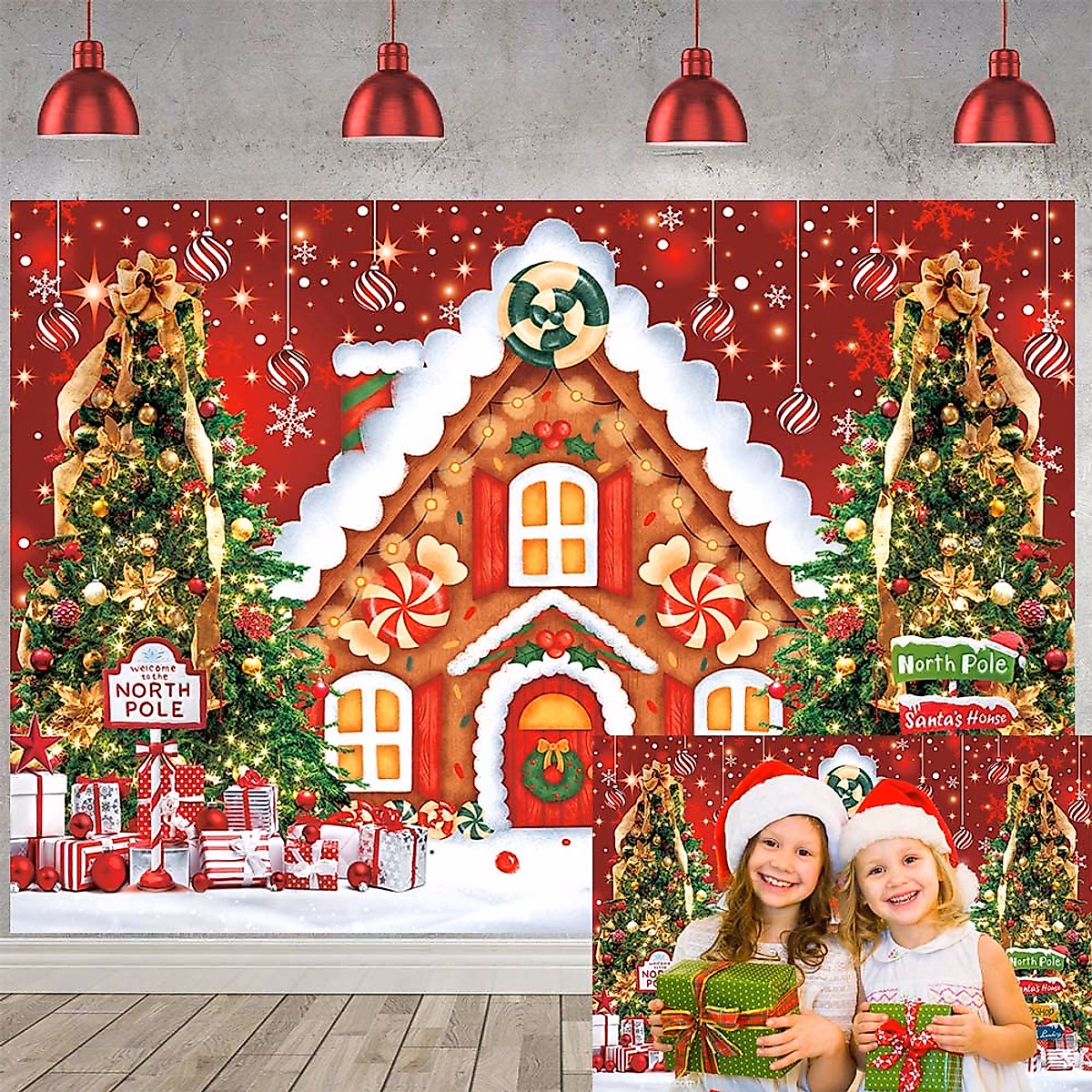 Christmas Gingerbread House Backdrop Winter Merry Xmas Tree Gift Photography Background Family Holiday Party Red Christmas Theme Backdrop Decoration 7x5FT