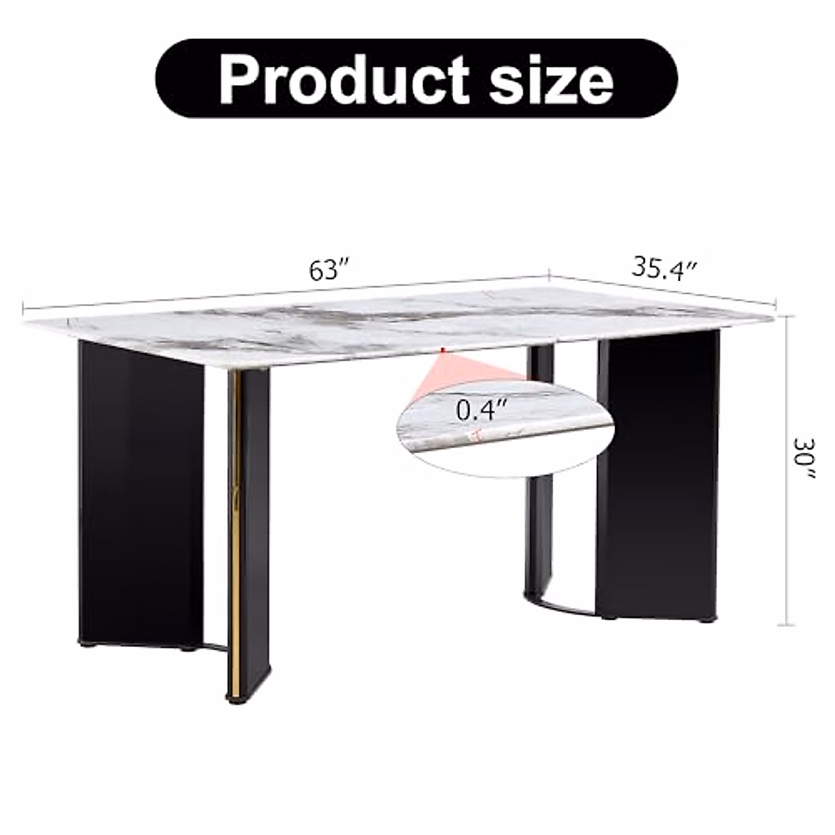 Goderfuu Glass Dining Table for 6 People, 63 inch Modern Kitchen Table with Black Wood Base, White Marble Textured Glass Dining Table Pedestal Dinner Table, Faux Marble Dining Table for Dining Room