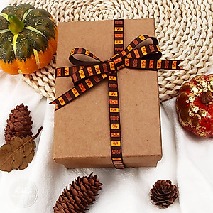 Ribbli Grosgrain Fall Ribbon,Pumpkins & Maple Leaf Stripe Ribbon Use for Autumn Craft,Thanksgiving Gift Wrapping,Home Decor,3/8 Inches x 10 Yards,Yellow/Orange/Brown