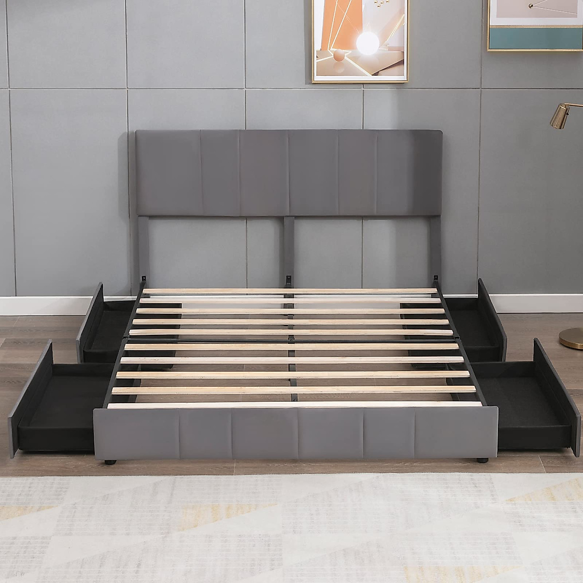 Platform Full Size Bed Frame with 4 Storage Drawers,Upholstered Full Bed Frame with Velvet Tufted Headboard Adjustable,Solid Wooden Slat Support,No Box Spring Needed,Dark Grey