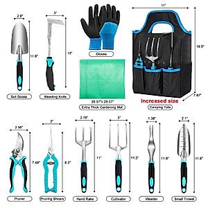 Garden Tool Set with Non Slip Rubber Grip,11 Piece Stainless Steel Gardening Tool Sets,Thickened Repotting Mat & Storage Tote Bag,Heavy Duty Outdoor Hand Tools Uprooting Weeding Tool, Ideal Gifts Blue