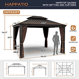 HAPPATIO 10' x 12' Hardtop Gazebo, Gazebo with Netting and Curtains, Double Roof Permanent Patio Metal Gazebo Canopy for Patio, Deck, Backyard (Dark Brown)