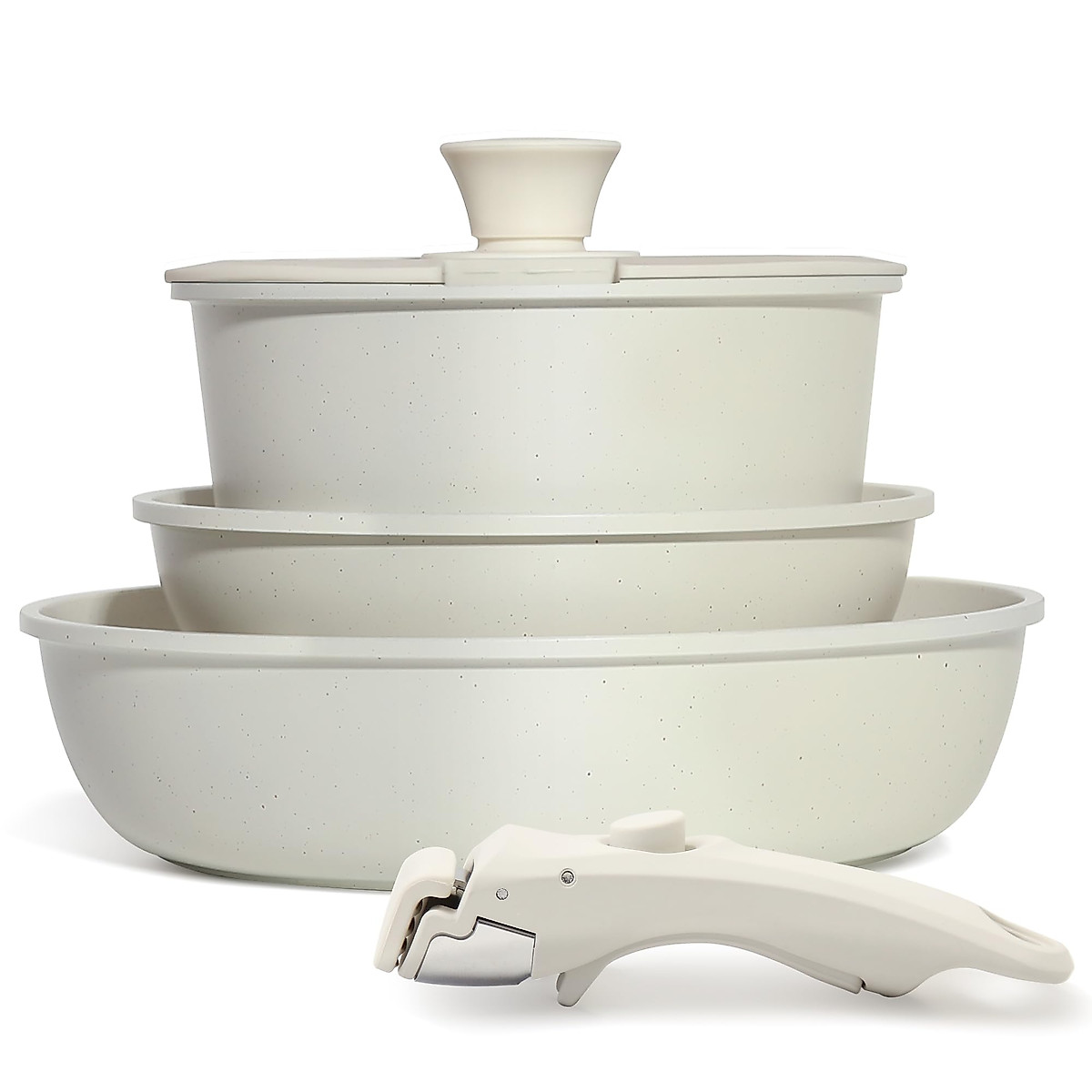 Cuisinluv 5PCS Pots and Pans Set Non Stick, Kitchen Cookware Sets with Detachable Handle, Induction Cookware Sets, Non Stick RV Cookware Cooking Set, Dishwasher ＆ Oven Safe, PFOA Free, Cream White