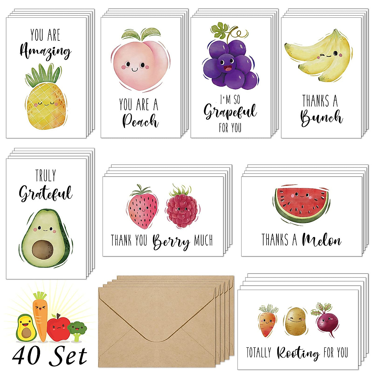 Nezyo 40 Pieces Funny Thank Cards with Envelopes Set Pun Greeting Note Cards Blank Inside Greeting Cards Funny Cards Pun Notecards for Kids Teachers Employee Birthday Holiday Appreciation, 4 x 6 Inch