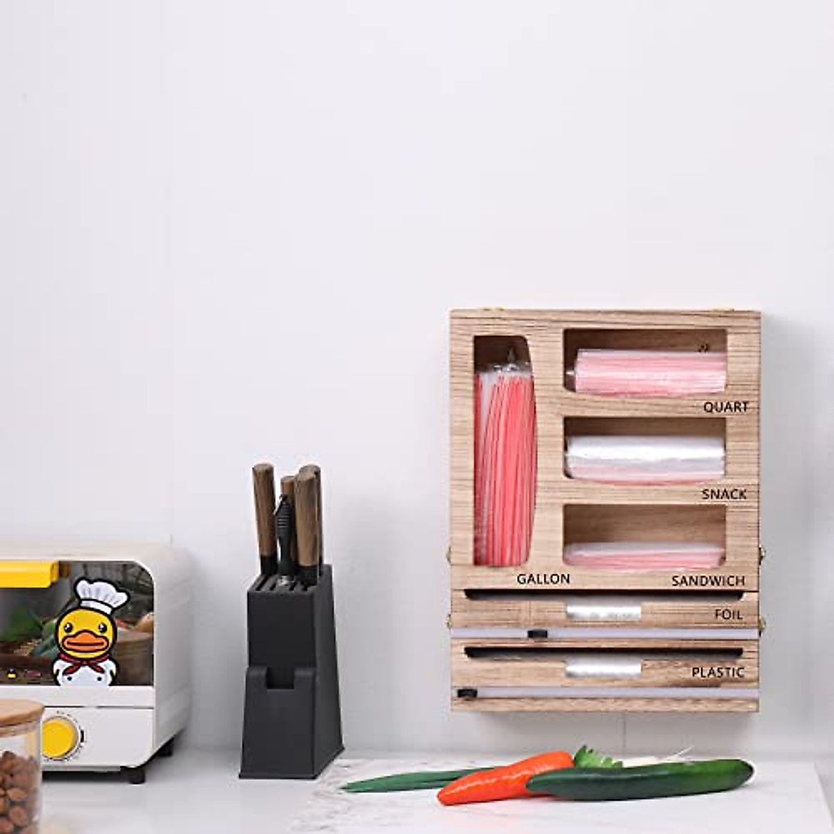 Food Container Sets, wooden zipper bag organizer and pack, dispenser with cutter, Food Storage Bag Holders Compatible With Wrap, Wax, Foil,