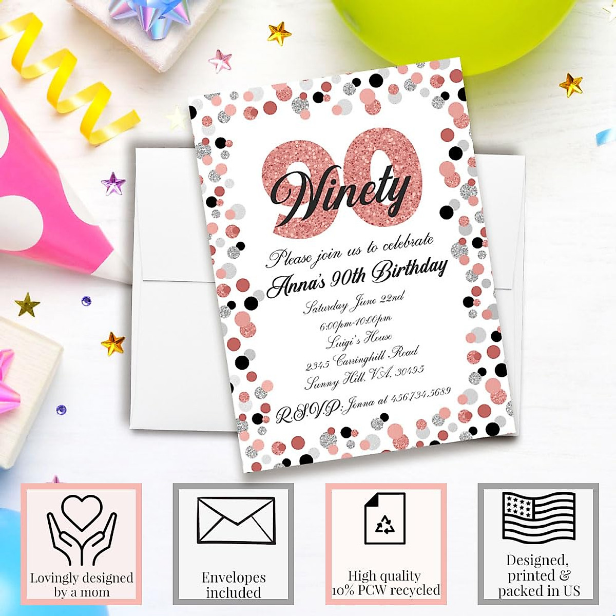 Amanda Creation Confetti Rose Gold Polka Dot 90th Birthday Party Invitations, 20 5x7 Fill-In Cards with Twenty White Envelopes
