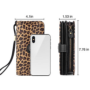 CLUCI Wallet for Women Leather Large Capacity Purse Wristlet Clutch RFID Blocking Credit Card Holder with ID Window Leopard