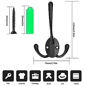 YOUYIDUN 6 Pcs Three Prongs Coat Hooks, Heavy Duty Wall Mounted Clothes Hooks, Black Retro Metal Towel Robe Hooks with Screws for Hanging Coat, Scarf, Bag, Towel, Key, Cap, Hats, Robes Hooks