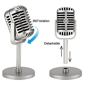 Facmogu Classic Retro Style Microphone Prop, Fake Vintage Microphone Prop Model with Stand, Silver Antique Microphone Decor Microphone Costume Prop for Party Decorations - Silver