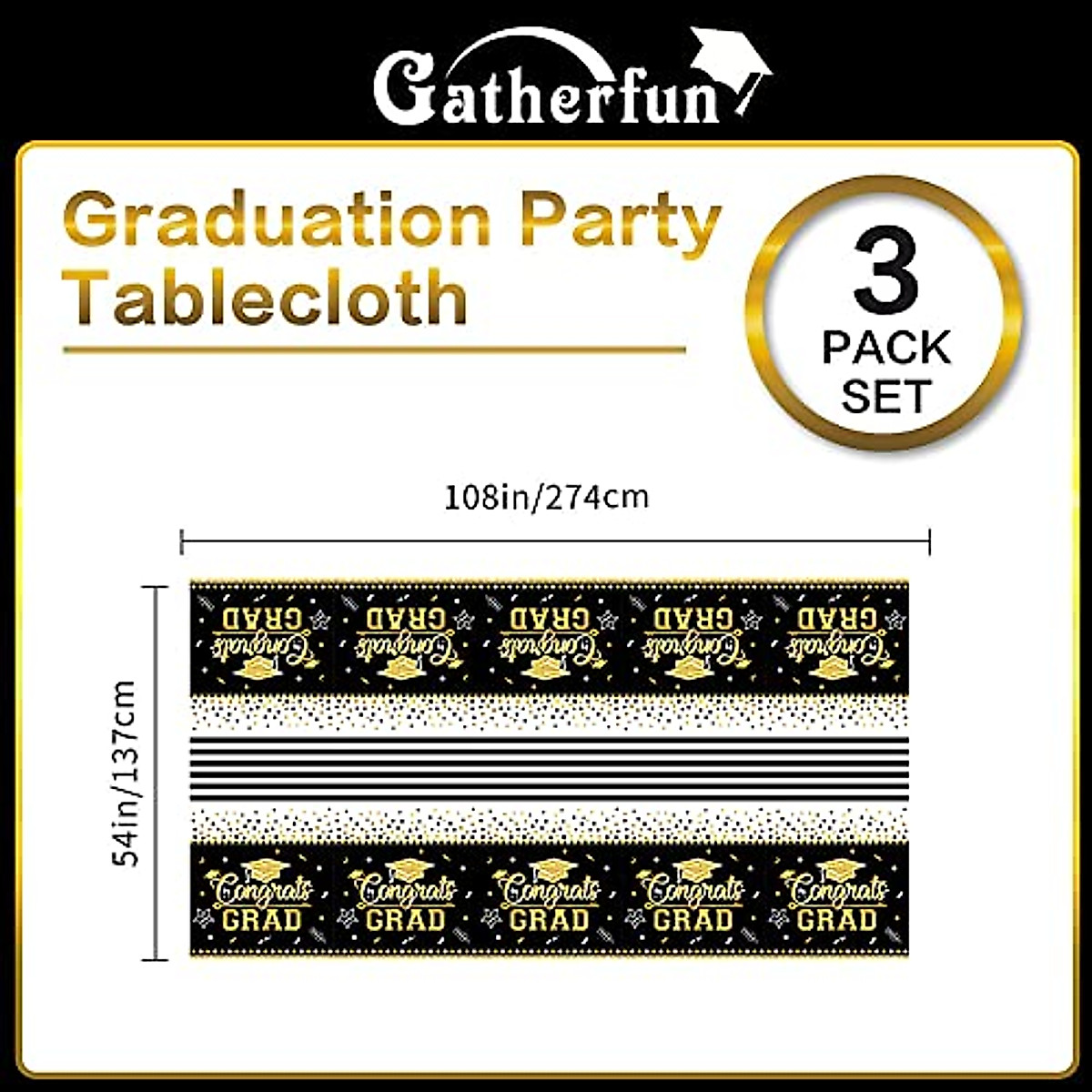 Ygdvlog Graduation Decorations Graduation Tablecloth 2PCS Class of 2023 Congrats Grad Black Graduation Party Tablecover Decorations Party Supplies Large Size Plastic 54"x108"(Black & Gold)