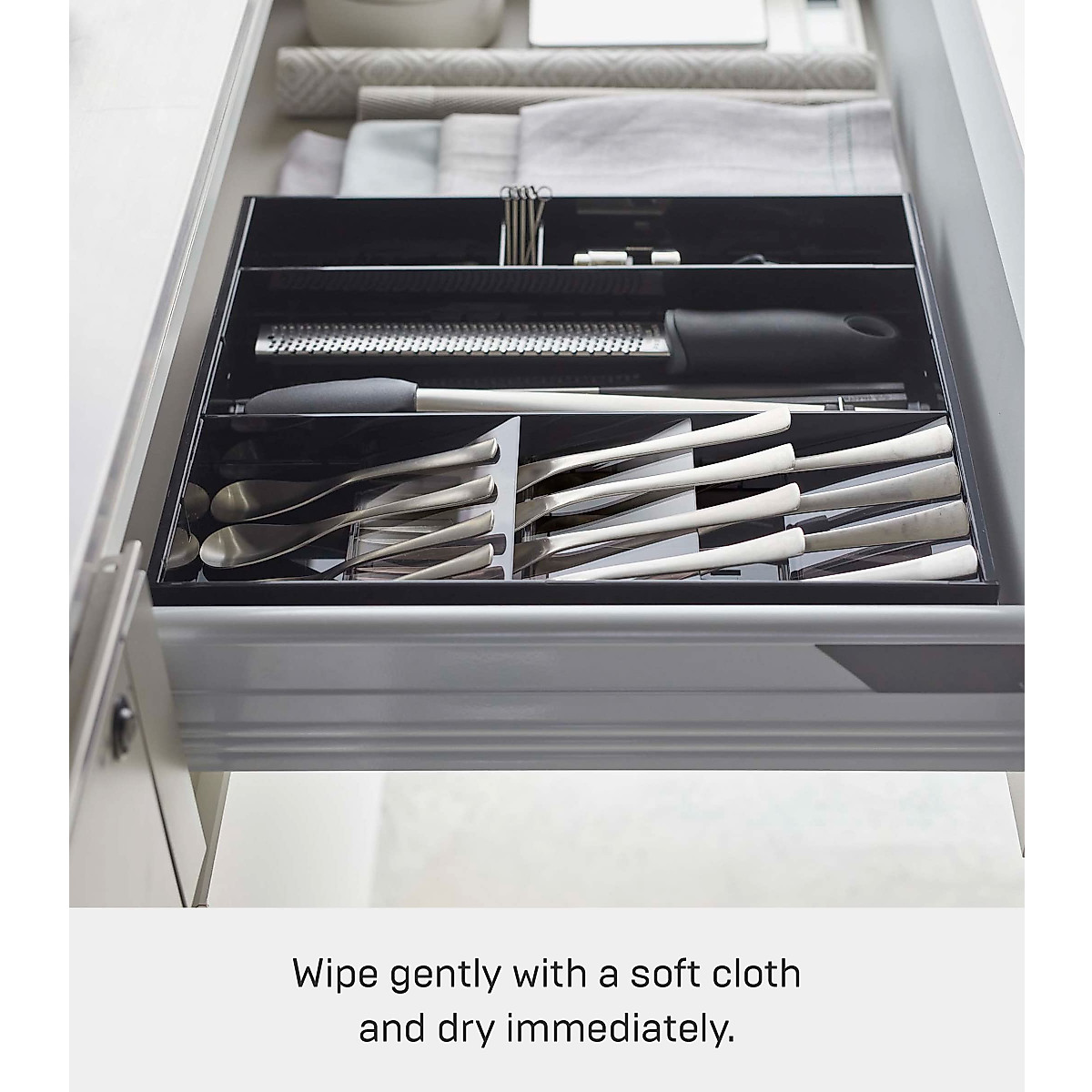 YAMAZAKI Home Expandable Cutlery Kitchen Angled Utensils Storage Multi-Compartment Silverware Organizer Drawer Insert Tray, Plastic, Adjustable, Expandable, No Assembly Req.