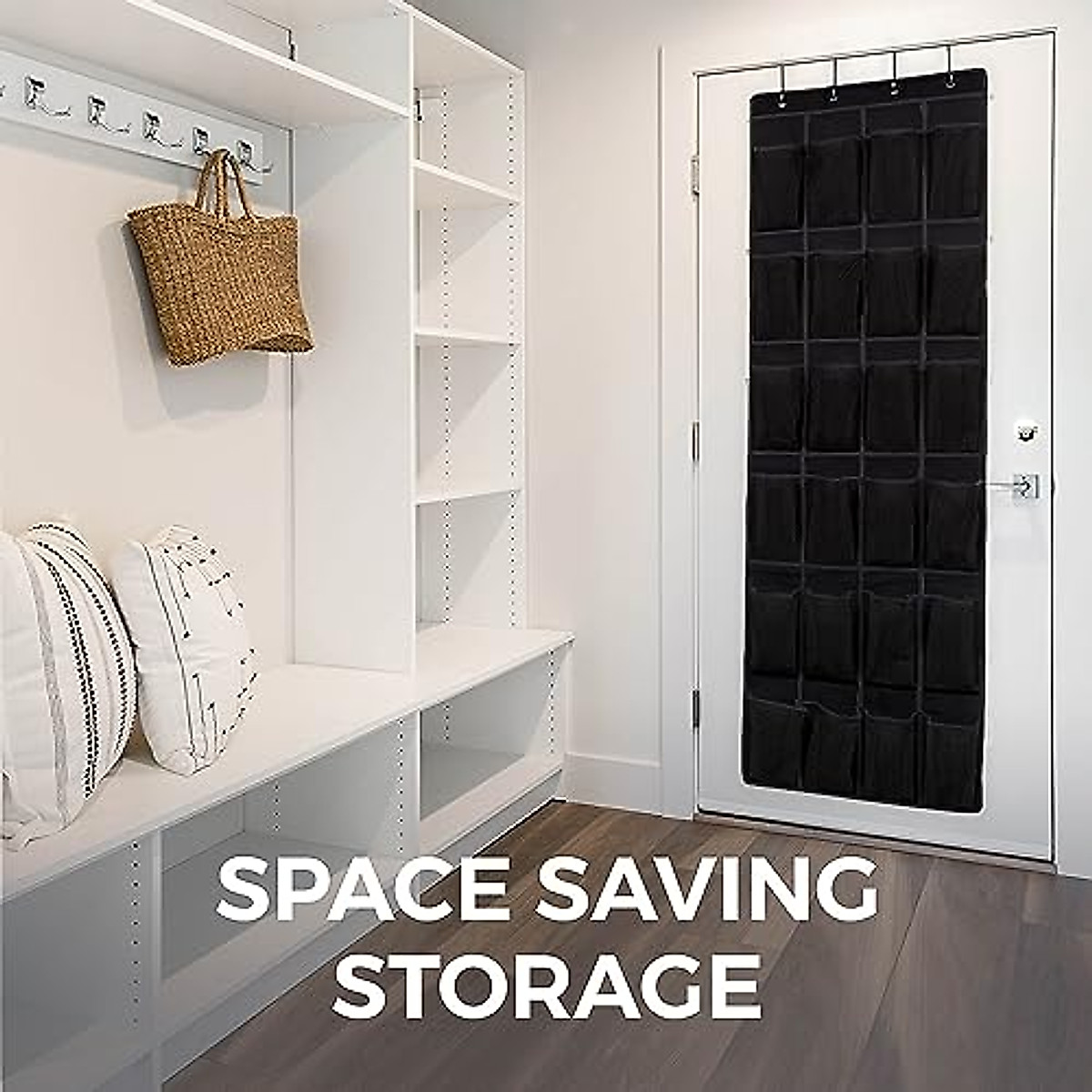 HOME GENIE 24 Pocket Strong Space Saving Over Door Shoe Organizer, Holds Up to 40 Pounds, Stay In Place Hooks Large Breathable Mesh Pocket Hanging Behind Closet Caddy Holder, Cabinet Rack, Black