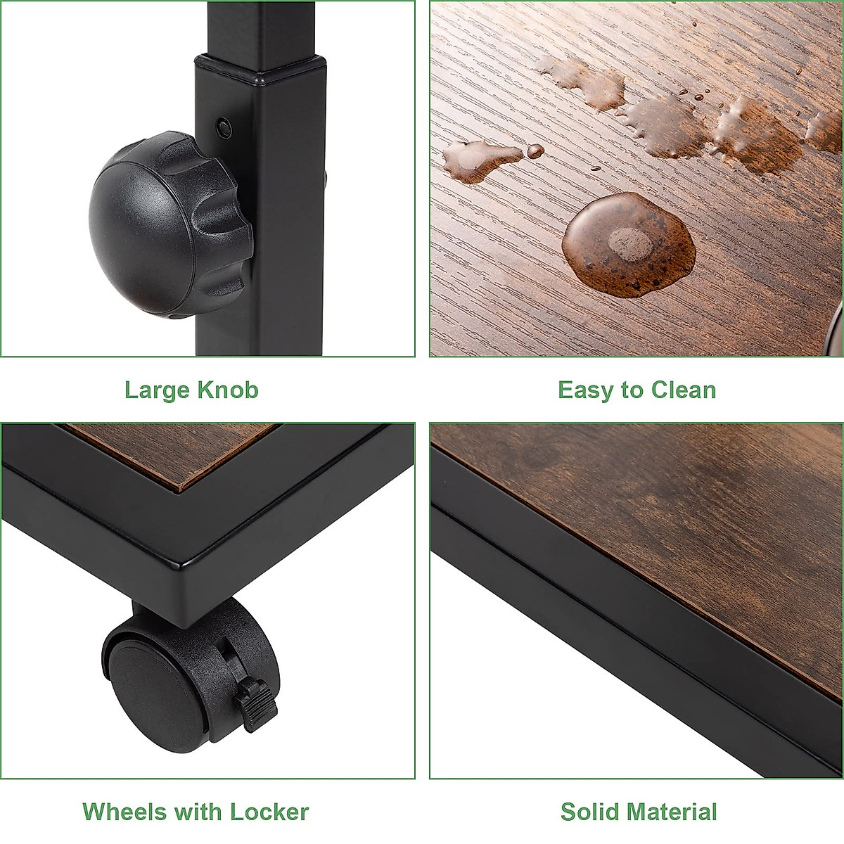 NATFAIRY C Shaped End Table with Rolling Wheels, Height Adjustable Sofa Side Table for Small Space Bedroom, Industrial TV Tray Couch Table Cart for Living Room, Retro Brown & Black