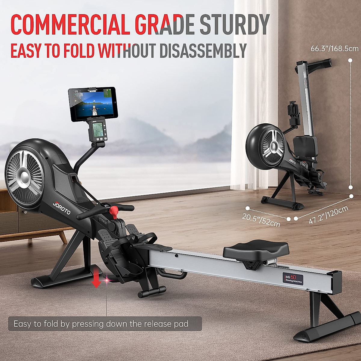 JOROTO Rowing Machine, Air Magnetic Foldable Rowing Machines for Home Use, Rower Machine with 49.5" Rail, Backlit Monitor, Bluetooth, App Supported, Tablet Holder