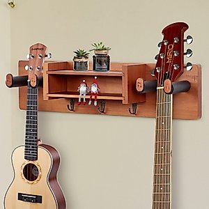 MIRIO Double Guitar Wall Mount with Shelf, Solid Wood Guitar/Ukulele Hangers with 2 Guitar Holders and Pick Holders for Wall Mount- Brown