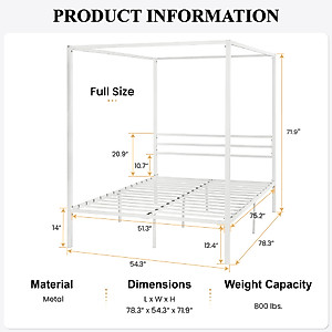 SHA CERLIN Metal Canopy Bed Frame Full Size/Mattress Foundation with Metal Slats Support/No Box Spring Needed/Easy Assembly/White