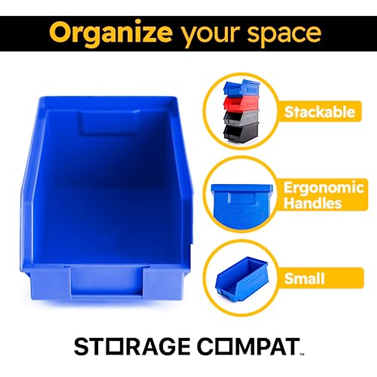 50 Pack Small Storage Bin, Wall Mount Storage, Hanging and Stacking Bin, Freestanding | 7” x 4” x 3” Plastic Container | Blue | Zeus 1PLZ02 | StorageCompat