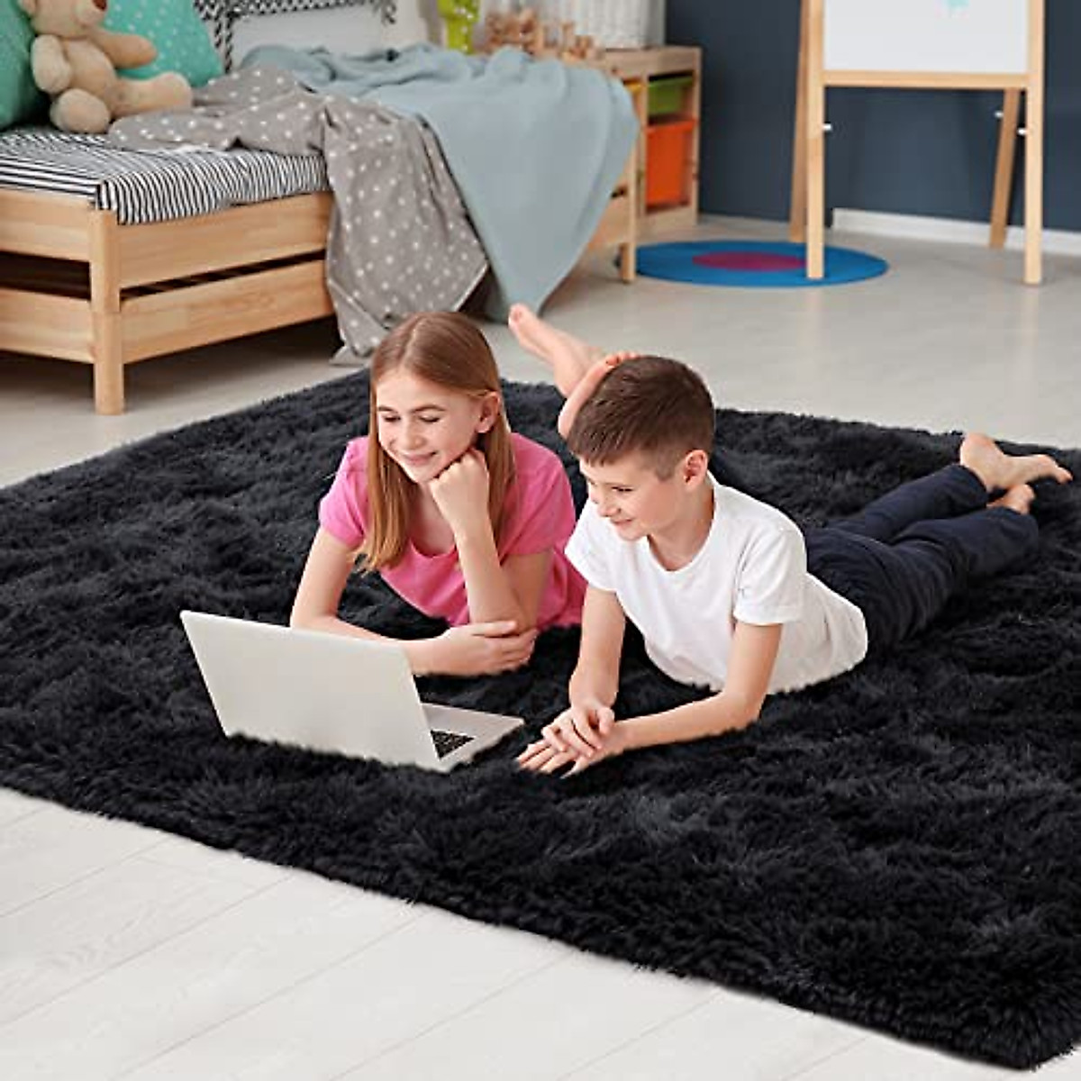Noahas Fluffy Black Rugs for Bedroom,4x6 Shaggy Fuzzy Bedroom Rug Carpet,Soft Rug for Kids Room,Thick Area Rugs for Living Room,Plush Nursery Rug for Baby,Cute Room Decor for Girls Boys