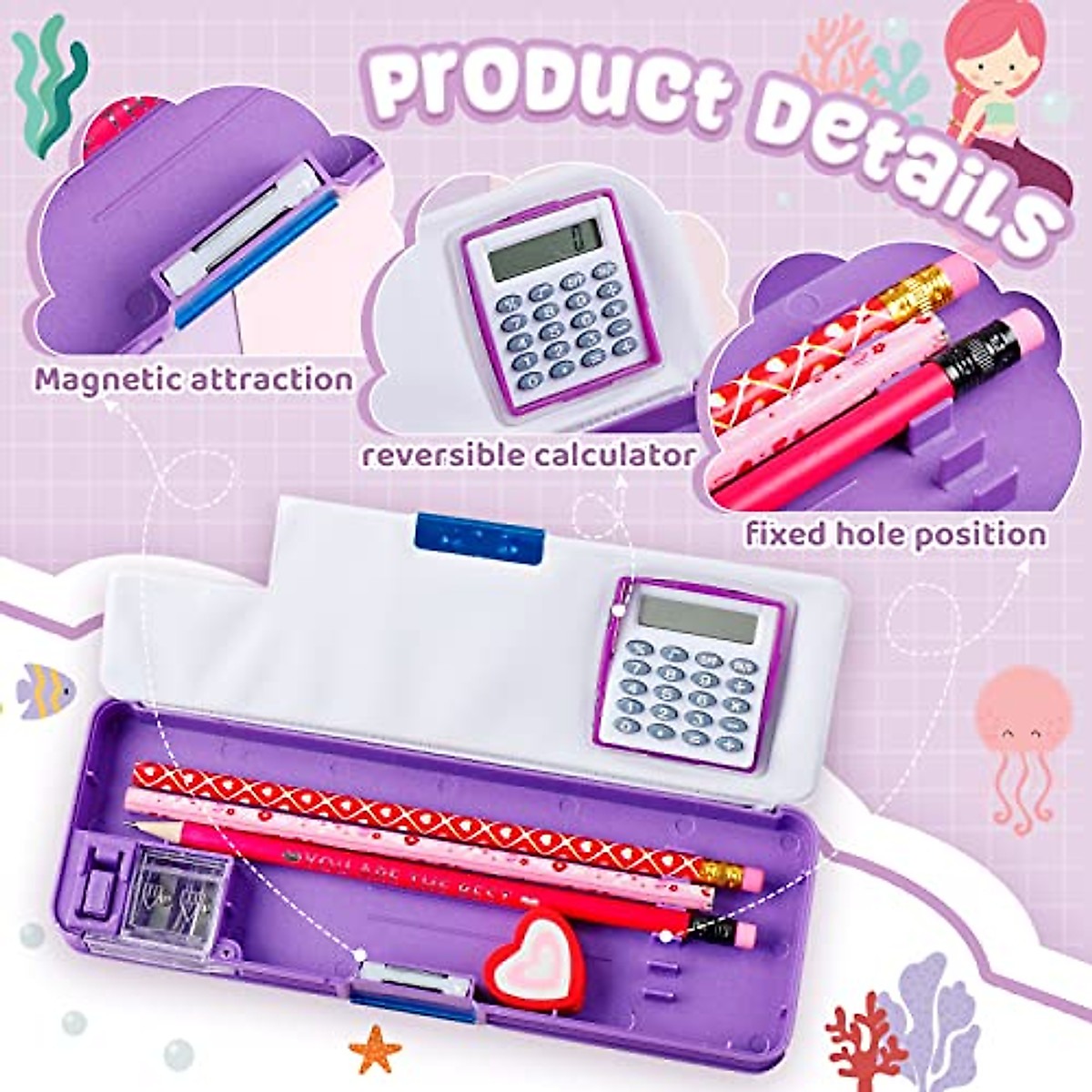 2 Pieces Multifunctional Pencil Box for Girls Unicorn Multifunction Pencil Case Plastic Mermaid Pencil Case with Calculator and Pencil Sharpener Pencil Pouch School Gifts for Kids Teens Supplies