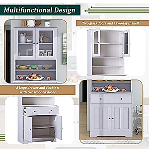 70.9" Freestanding Kitchen Pantry, Kitchen Cupboard Storage Cabinet with Glass Doors and Large Drawer Tall Pantry Cabinet Cupboard with Adjustable Shelves for Dining Room, Living Room, Antique White