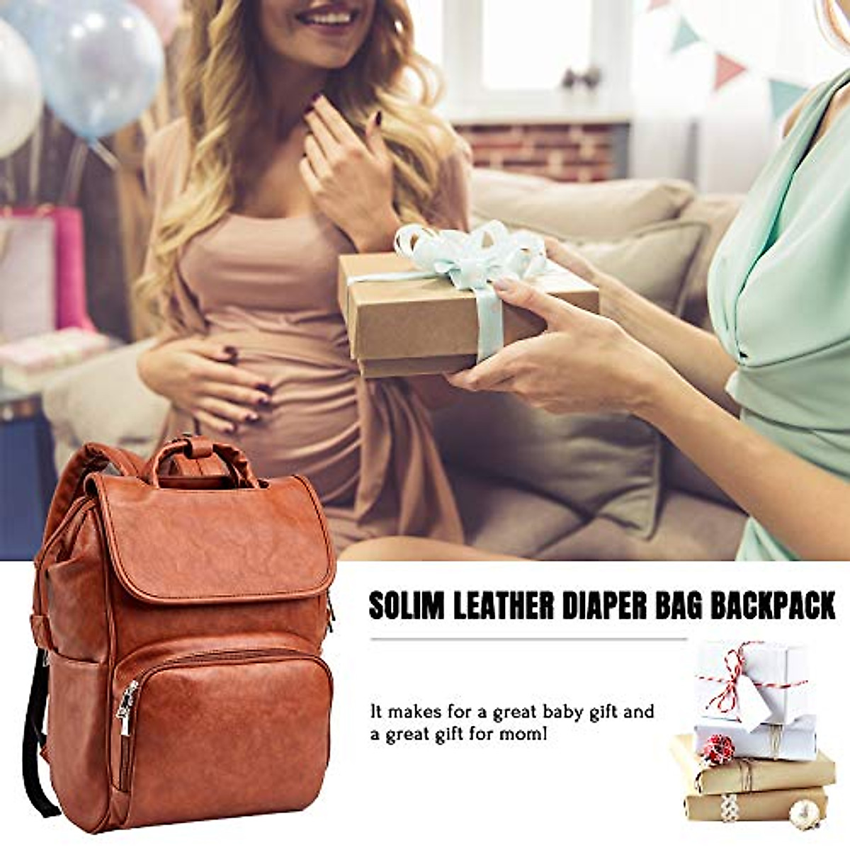 Solim Leather Diaper Bag Backpack Travel Essentials Baby Tote with Changing Pad Pacifier Case 15 Pockets Multi-functional Baby Diaper Bag Backpack Brown