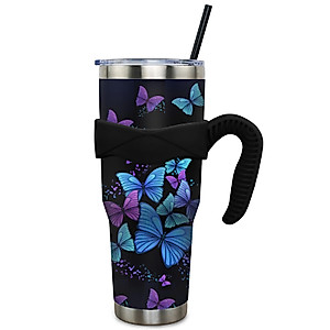 Exacmos 40 oz Tumbler with Handle and Straw 40 oz Butterfly Cup Insulated Stainless Steel Coffee Travel Mug Spill Proof Leak Proof Slim 40oz Tumbler with Handle Butterfly Decor Stuff Gifts for Women