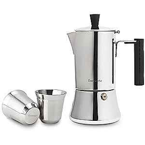 Easyworkz Pedro Stovetop Espresso Maker, Bundled With Stainless Steel Espresso Cup 2pcs Set Double Wall Insulated Metal Demitasse Cups, Silver