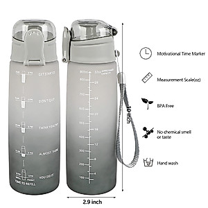 Qidordour Sports Water Bottle, 32oz Motivational Water Bottles with Time Marker & Carry Strap, Leakproof Flip Top Drinking Bottle, BPA-free, Reusable Plastic Jug For Fitness Gym, Gradient Grey