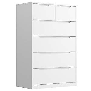 EnHomee Dresser, Dresser for Bedroom, White Dresser with 6 Wood Large Drawers, Dressers & Chests of Drawers with Large Organizer, Tall dresser with Smooth Metal Rail, White