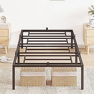 Amyove Twin Size Bed Frame, Metal Twin Platform Bed Frame with 3 in 1 Steel Support, 14 Inch No Box Spring Needed Easy to Assemble Black Mattress Foundation - Twin