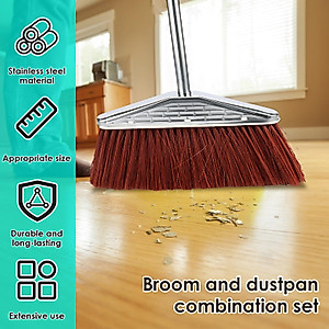 Broom and Dustpan Set Stainless Steel with Long Handle,Heavy Duty Dustpan Broom Set Upright Standing Dust Pan Kitchen Brooms, for Sweeping Kitchen Room Office Lobby Floor
