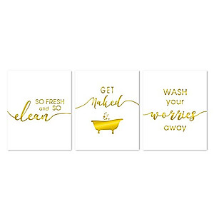 LHIUEM Funny Bathroom Quotes Gold Foil Print, Wash Your Worries Away-So Fresh and So Clean Cardstock Art Print Poster