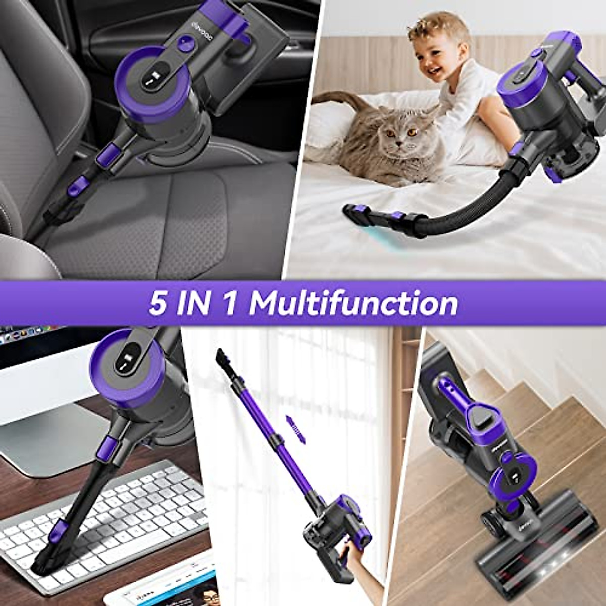 DevoacTech Cordless Vacuum Cleaner, Ultra-Light Quiet Stick Vacuum, 27KPa Powerful Suction, Up to 45mins Runtime, 6 in 1 Handheld Vacuum for Hard Floor Carpet Pet Hair