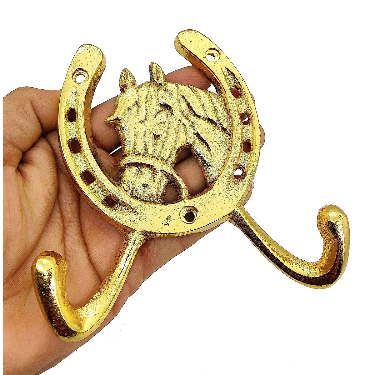 5MOONSUN5 Brass Horseshoe Hook, Rustic Ranch Wall Mounted Coat Hanger, 1.1x4.5x5 inches, 3.5 lbs Weight Capacity, Gold Finish