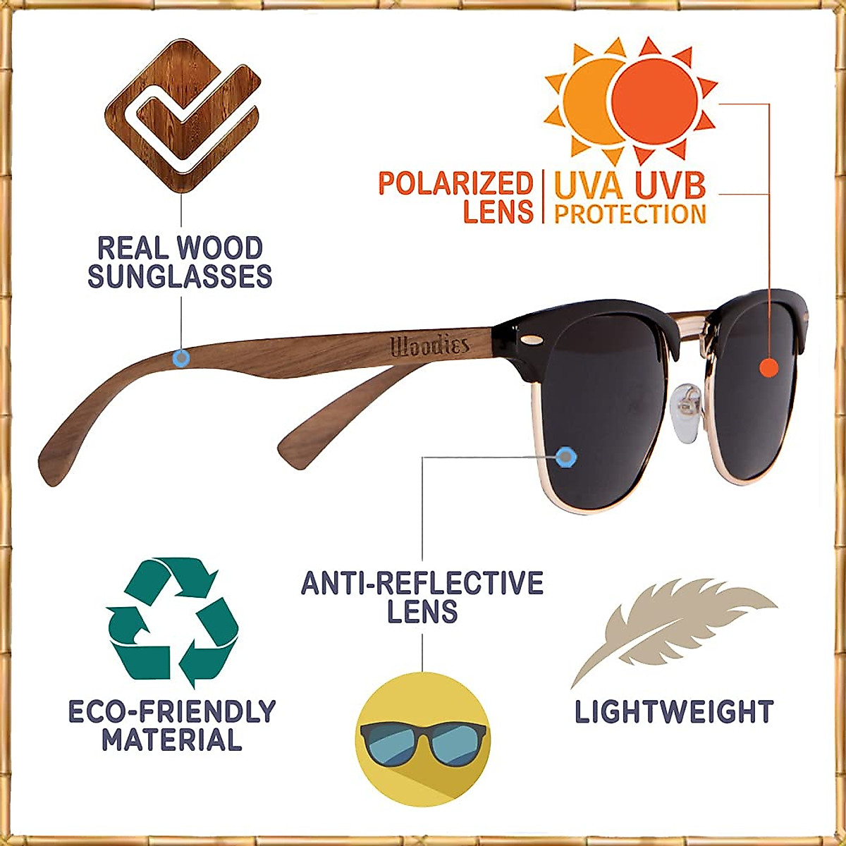 Woodies Gold Semi-Rimless Walnut Wood Retro Sunglasses for Men and Women | Black Polarized Lenses and Real Wooden Frame | 100% UVA/UVB Protection