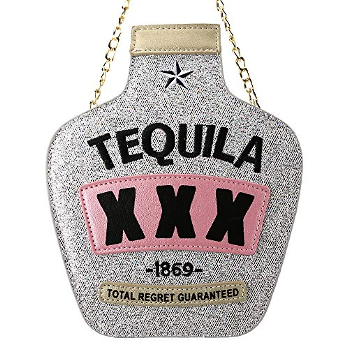 Ondeam Tequila Bottle Shaped Laser Shoulder Handbags,Pu Crossbody Purse for women(Silver B)