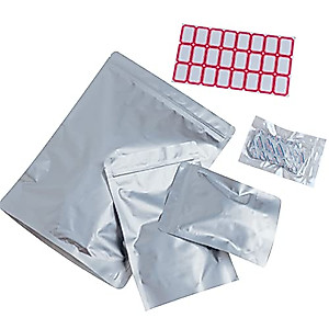 100pcs Mylar Bags for Food Storage with Oxygen Absorbers 300cc (100pcs) and Labels, 5"x7" (30pcs) 1 Quart Mylar Stand-Up (50pcs) 1 Gallon (20pcs) Stand-Up Mylar Stand-Up, Zipper Pouches Resealable and Heat Sealable for Long Term Food Storage
